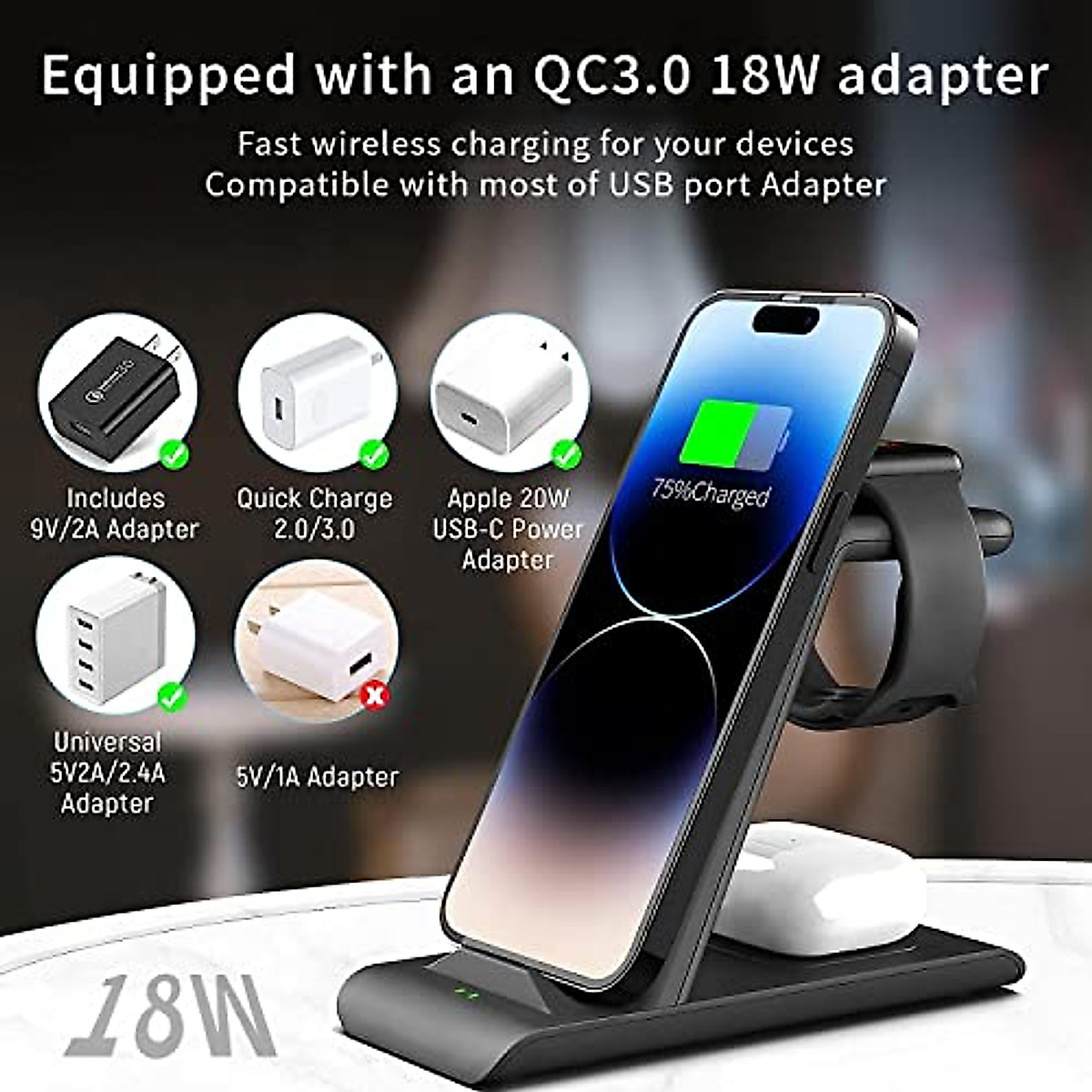 HATALKIN 3 in 1 Wireless Charging Station Compatible for Apple Products Multiple Devices Apple Watch ultra 8 7 SE 6 5 4 3 AirPods Pro 2 iPhone 14 13 12 11 Pro Max/X/XS/XR 8 Fast Wireless Charger Stand