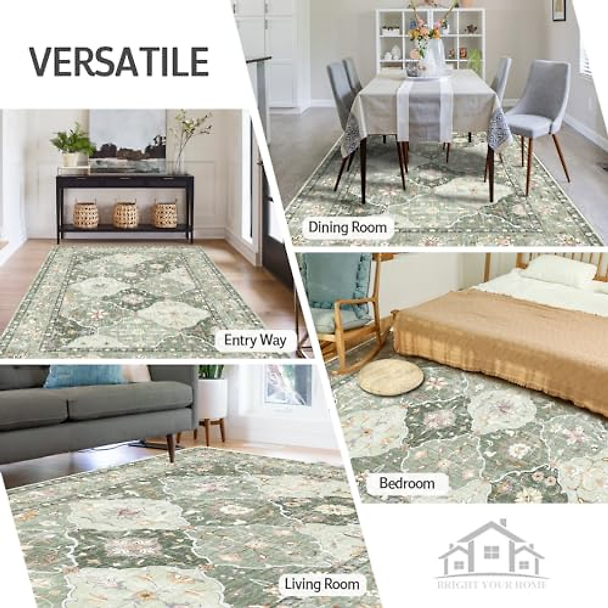 Boho Vintage Area Rugs 5×7 Washable Non-Slip Traditional Green Carpet for Living Room Bedroom Dining Room Farmhouse