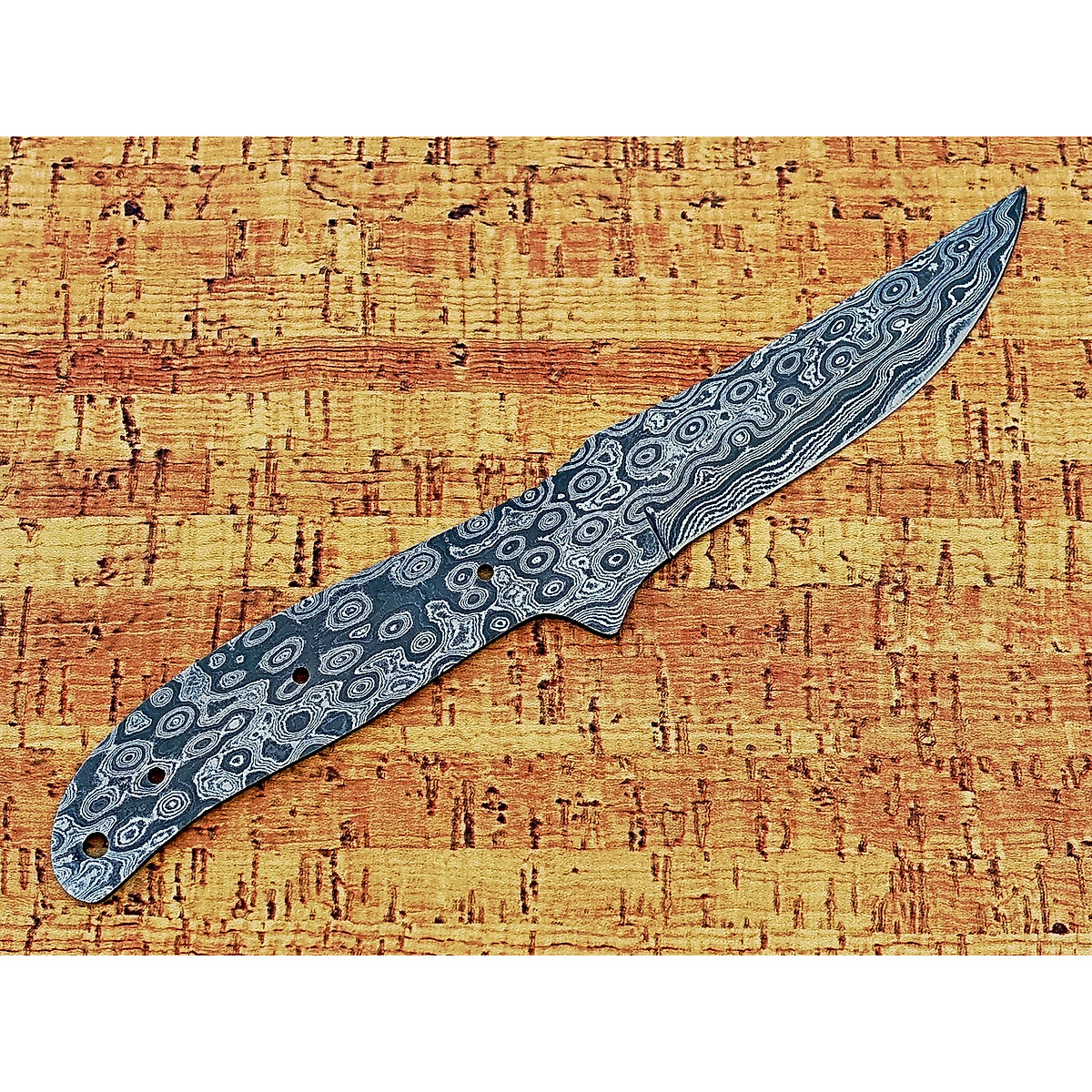 9 inches long Rain drop pattern Damascus steel Trailing point blank blade, knife making supplies, 4.5 inches long straight back scale with 3 pin and a lace holes, 4 inches cutting edge