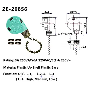 Akahttbn Ceiling Fan Switch Zing Ear ZE-268S6, 3 Speed 4 Wire Speed Control Pull Chain Cord Appliances Switch Replacement Parts Compatible with Hunter Ceiling Fans Wall Lamps (Bronze)