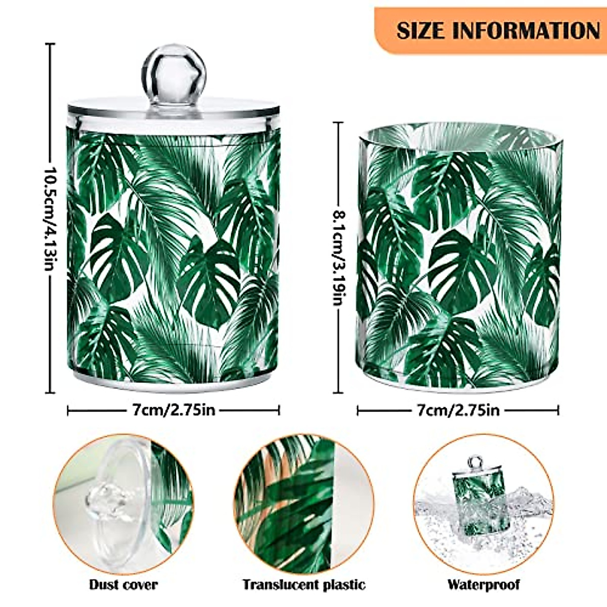 MNSRUU 2 Pack Qtip Holder Organizer Dispenser Tropical Palm White Bathroom Storage Canister Cotton Ball Holder Bathroom Containers for Cotton Swabs/Pads/Floss