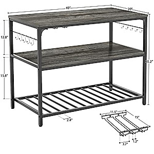 Homieasy Kitchen Island with Wine Glass Holder, Industrial Wood and Metal Coffee Bar Wine Rack Table, 3 Tier Spacious Kitchen Prep Table Extended Counter with Hooks Easy to Assemble, Black Oak