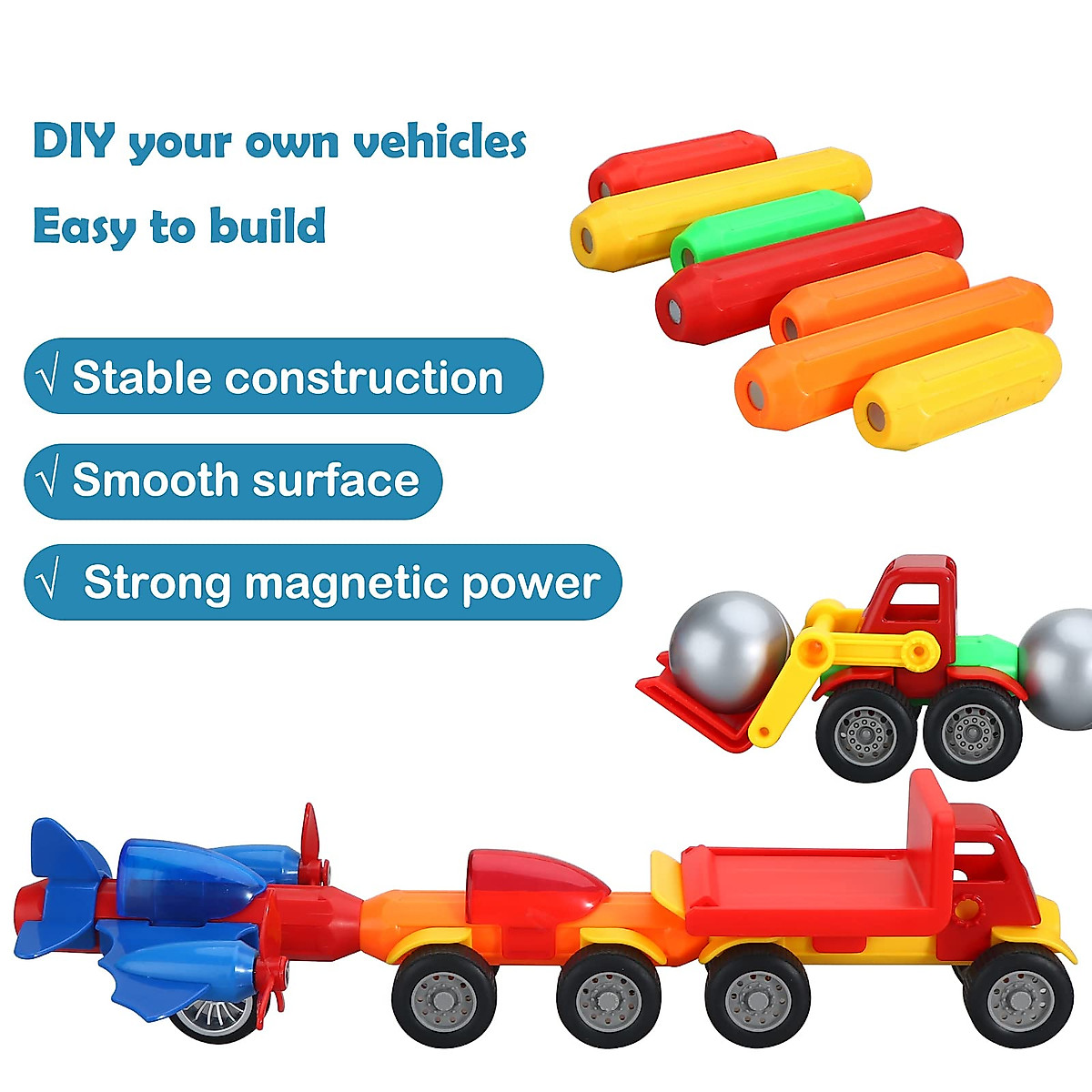 Finebely Magnetic Toys for Kids Magnetic Toy Cars Set with Play Mat|Storage Bag for Magnet Airplane Vehicles Cars Construction Car Assembly DIY Toddler Magnetic Toys for Kids 6-8 and Up 47 PCS