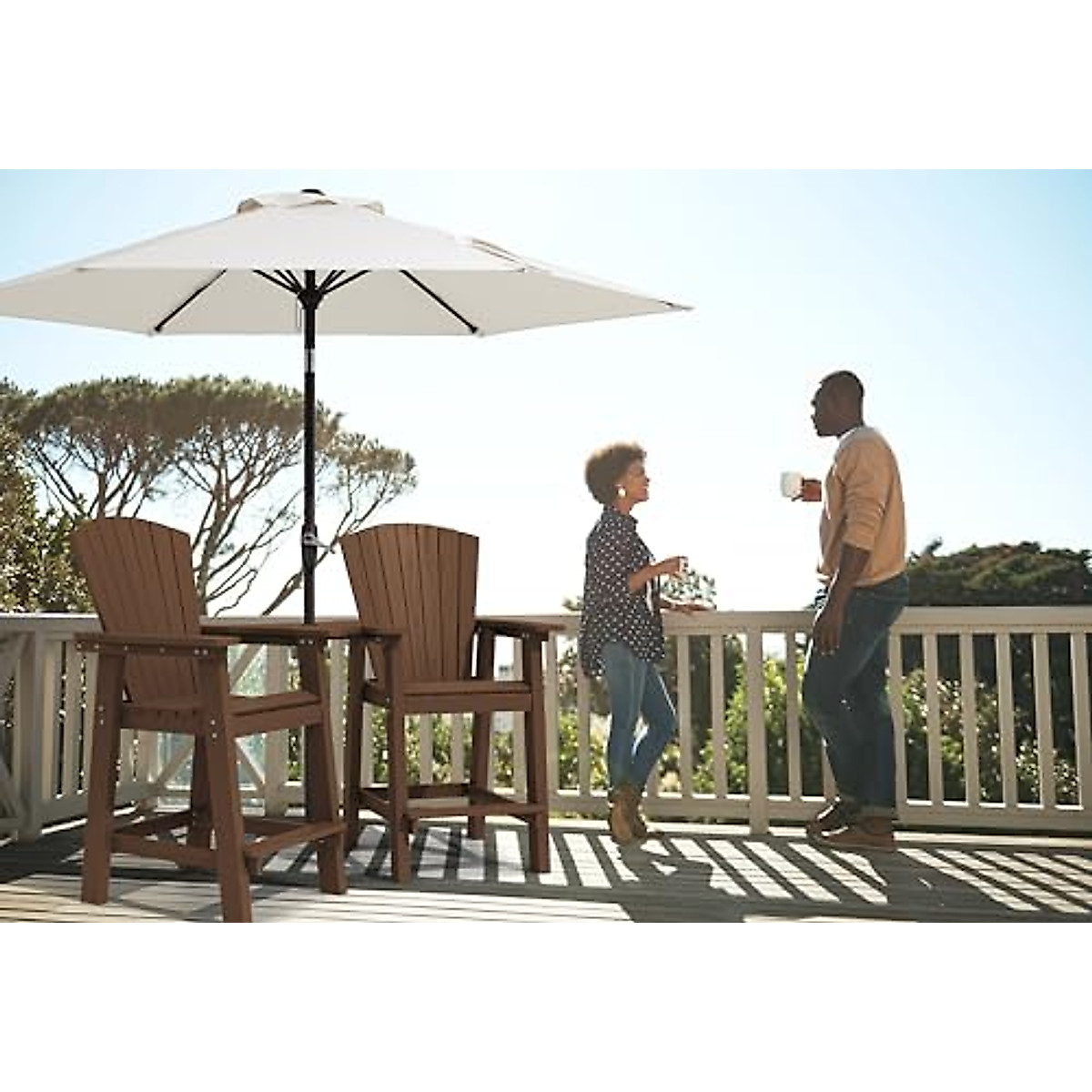 KINGYES Embossed Balcony Chair, Tall Adirondack Chair Set of 2 Outdoor Adirondack Barstools with Connecting Tray, High Airondack Chair with Wood Grain, Brown