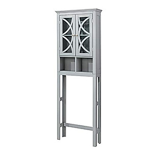 glitzhome 68.25 Inch Wooden Free Standing Storage Cabinet with Double Glass Doors Bathroom Cabinet Spacesaver Grey