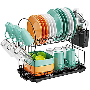 iSPECLE Dish Drying Rack, Small Dish Drainers for Kitchen Counter 2 Tier Dish Rack with Cup Holder Utensil Holder and Drainboard Set, Black