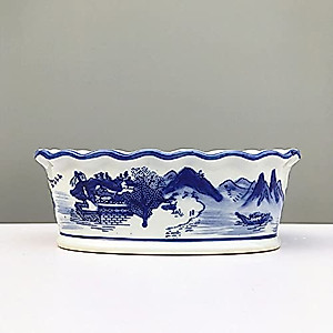 MADBLR7 Ceramic Plant Pots Oval Small Bonsai Flower Pot Ruffled Blue and White Porcelain Indoor Window Sill Micro Landscape Succulent Large Flower Pot