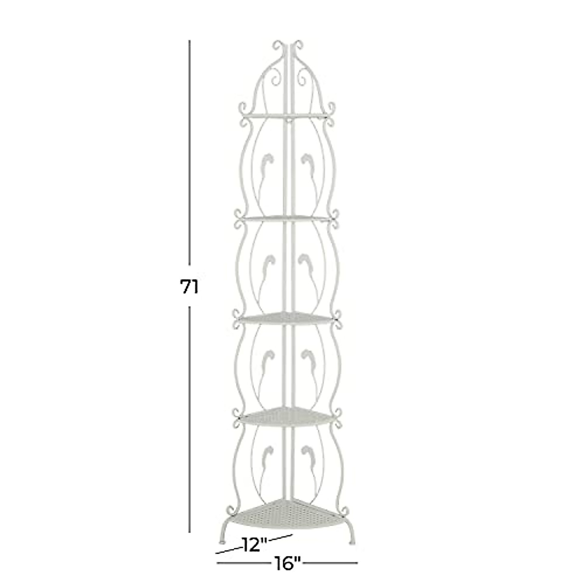 Deco 79 Metal Scroll Indoor Outdoor Tall Folding 5 Shelf Bakers Rack, 16" x 12" x 71", White