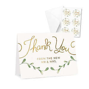 Rileys & Co Thank You Wedding Cards with Envelopes & Stickers, 100 Bulk Pack, Gold Foil, Mr and Mrs Thank You Notes Bulk Cards, | Thank You From the New Mr & Mrs. (Gold)