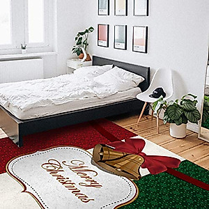 Area Rug Absorbent Non-Slip Rectangle Rug Merry Christmas Bells and Snowflakes Rugs for Living Room Bedroom Kitchen Entryway, Soft Floor Mat Indoor Carpet Accent Rugs 3x5 Feet