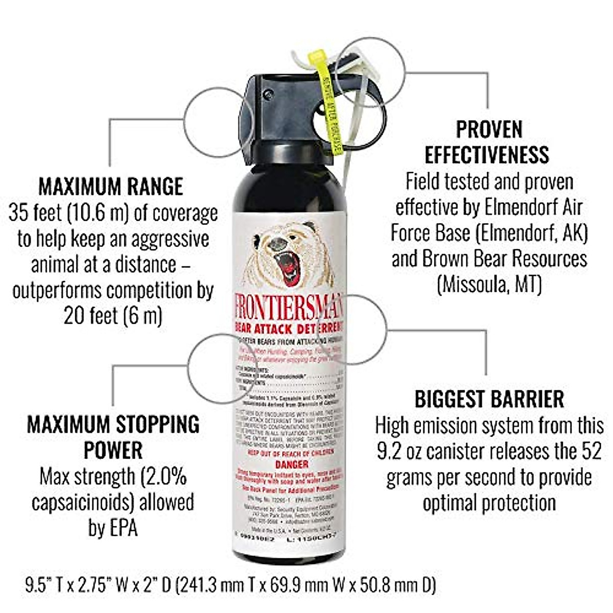 SABRE Frontiersman 9.2 fl oz. Bear Spray, Maximum Strength 2.0% Major Capsaicinoids, Powerful 35 ft. Range Bear Deterrent, Outdoor Camping & Hiking Protection