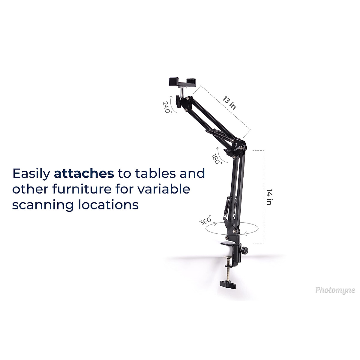 PHOTOMYNE Sturdy Flexible Phone Holder for Desk, Table, Office, Kitchen with Clamp for Photo Album Scanning, iPhone Holder for Desk- Black