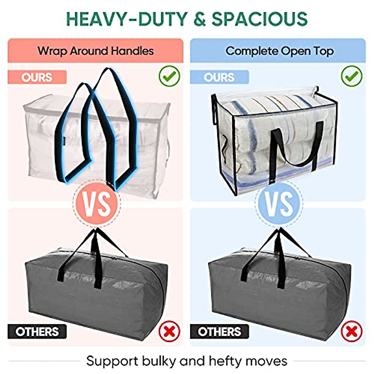 BALEINE 28 Gallon Moving Totes with Reinforced Handles, Heavy-Duty UnderBed Storage Bag for Moving Boxes, Clothes, Travel, Attics (6 Pack, White)