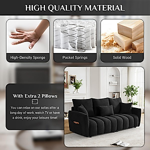 OUYESSIR Boucle Sofa Cloud Couch, 80.2" Modern Comfy Teddy Sofa Deep Seat Futon Couch with Pillows, Soft Upholstered 3 Seater Sofa Oversized Loveseat Sofas for Living Room, Apartment, Black