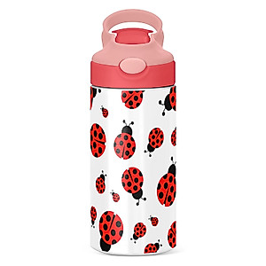 Kigai Ladybug Kids Water Bottle,Insulated Stainless Steel Reusable Metal Thermos Bottles, Leak-Proof Straw Lid, BPA-Free, For Boys,Girls