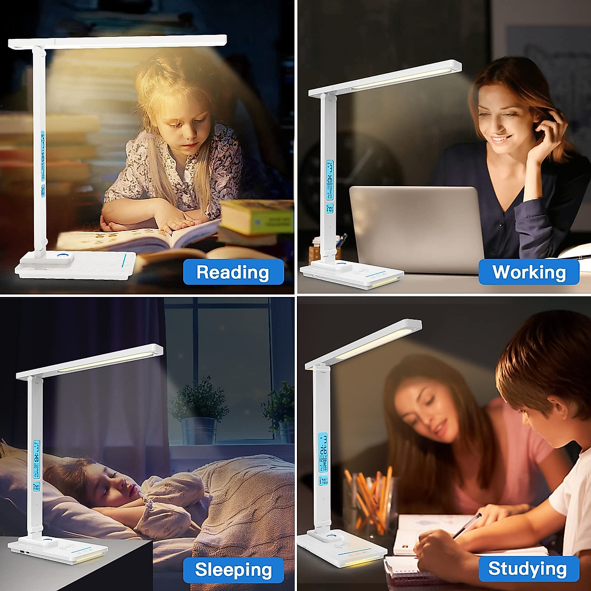 LED Desk Lamp with Wireless Charger, USB Charging Port, Desk Lamps for Home Office with 2 Night Lights & 5 Color Modes & 5 Brightness, Touch Control Desk Light with Clock, Alarm, Date, Temperature