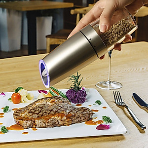 Gravity Electric Pepper Grinder, Salt and Pepper Mill & Adjustable Coarseness, Battery Powered with LED Light, One Hand Automatic Operation, Stainless Steel (Single/Silver)