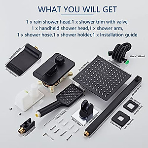 Arsuonta 8 Inch Square Black Shower Faucet Set with Tub Spout, Shower Combo System with 3-settings Touch Adjustment Handheld Showerhead High Pressure Balance Shower Valve Kit for Bathroom