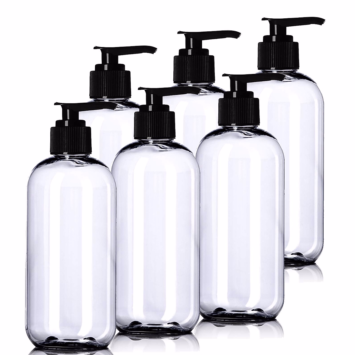 Aromine 8oz Plastic Clear Bottles (6 Pack) BPA-Free Squeeze Containers with Pump Cap, Labels Included