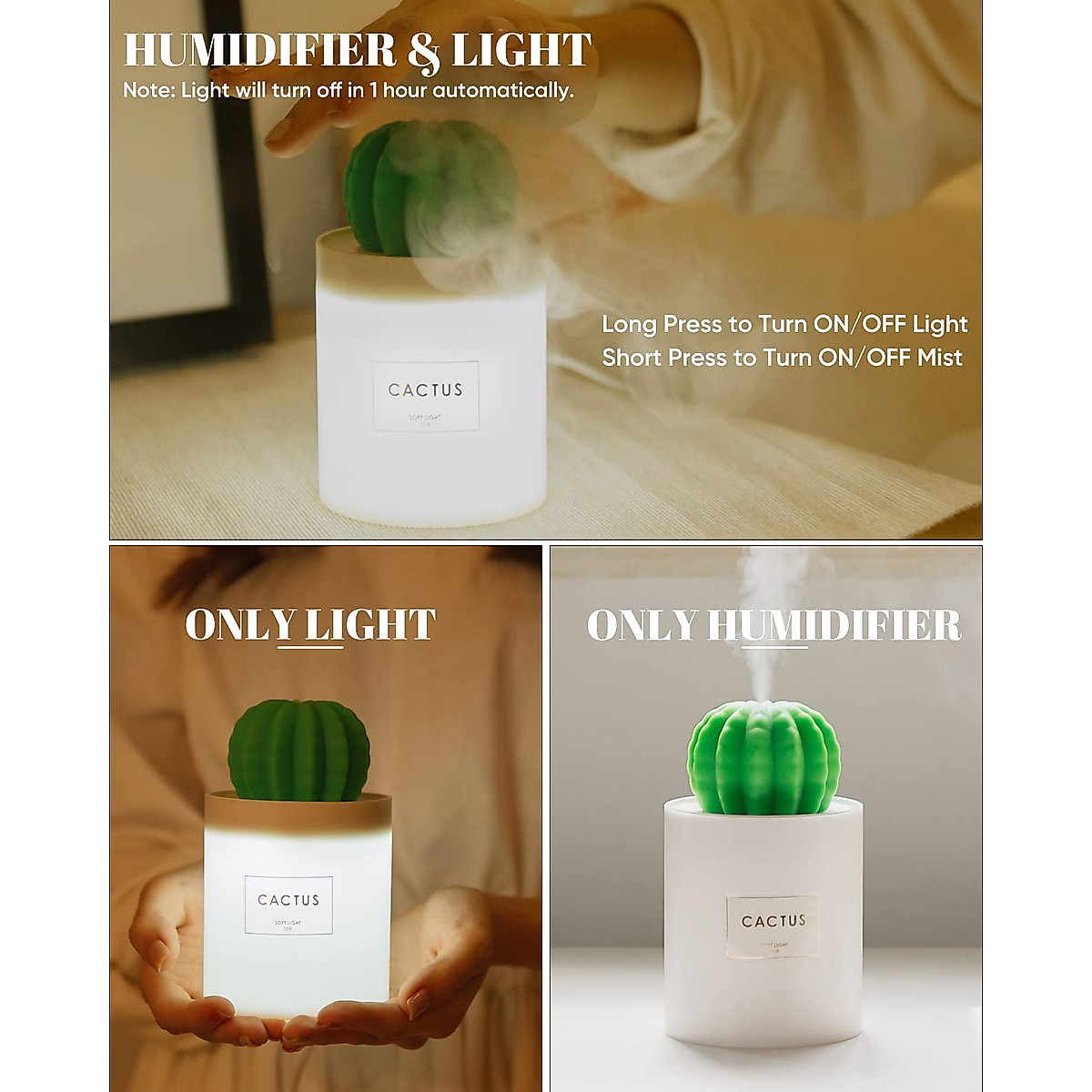 ONUEMP Cactus Humidifiers with Night Light, Mini Cool Mist Humidifier 280ml USB Portable Air Diffuser, Auto Shut-off, Gift for Christmas, Valentines, for Bedroom, Baby, Travel, Desktop, Home, Office