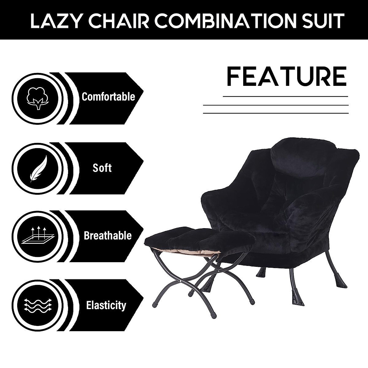 LITA Lazy Chair with Ottoman, Modern Accent Leisure Upholstered Sofa Chair, Lounge Reading Chair with Armrests and a Side Pocket for Living Room, Bedroom & Small Space, Plush Black