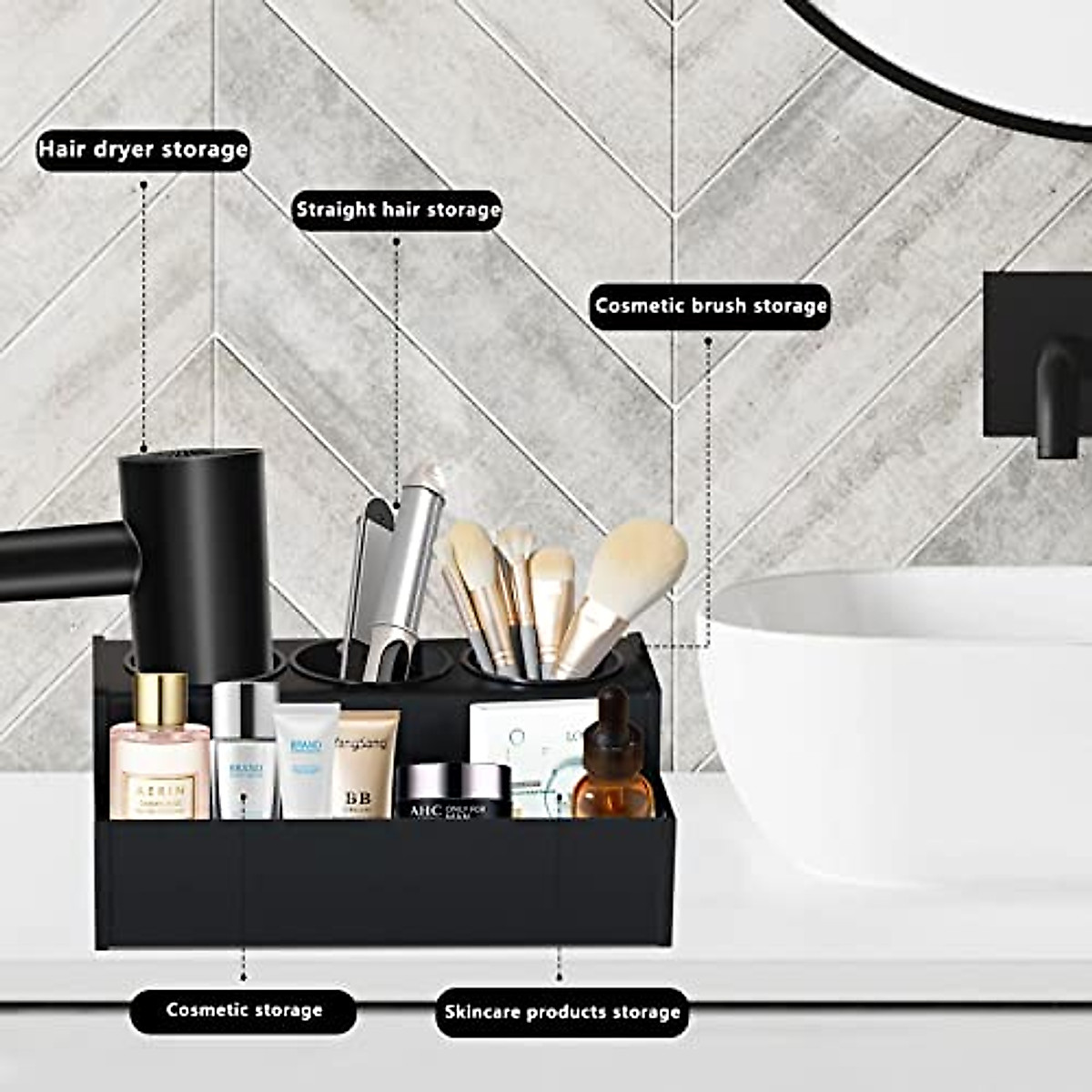 HigoYXP Hair Tool Organizer, 100% Metal Hot Tools Organizer, Heat-Resistant Hair Tool Holder-Styling Tools Organizer for Cosmetic, Skincare, Toiletries, Bathroom Counter, Vanity(1.6kg, Black)