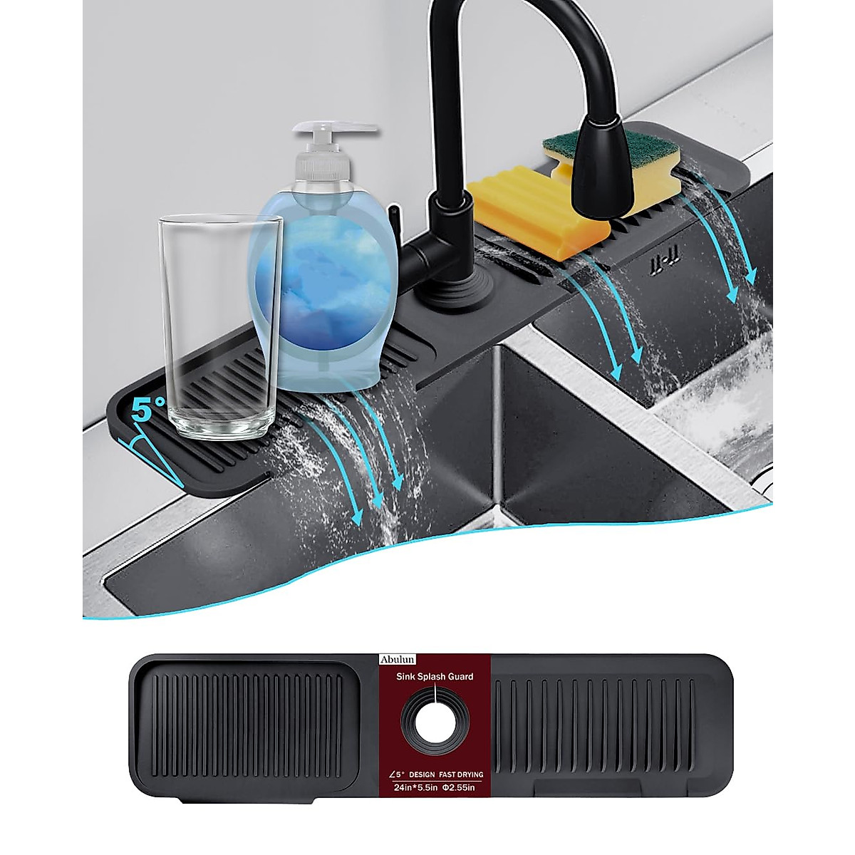 Abulun 5°slope kitchen sink splash guard-silicone faucet mat handle drip catcher tray-faucet splash guard for kitchen sink-longer black rubber sink water splash guard behind faucet