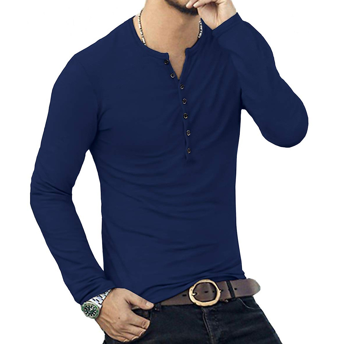 YTD Mens Casual Slim Fit Basic Henley Long Sleeve Fashion T-Shirt S Navy