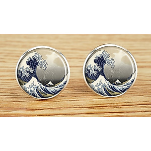 ecowcow Custom Classic Jewelry Tuxedo Shirt Sliver Cufflinks Men's Unique Business Wedding Gifts (Hokusai The Great Wave)