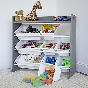 Humble Crew Kids Wood Table and 4 Chair Set, Grey & Inspire Toy Organizer with Shelf and 9 Storage Bins, Grey/White