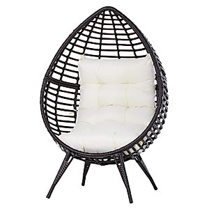 Outsunny Patio Wicker Egg Chair w/Soft Cushion, Teardrop Cuddle Seat, Outdoor/Indoor Patio Chair, PE Plastic Rattan Furniture with Adjustable Height Feet Pads, Beige