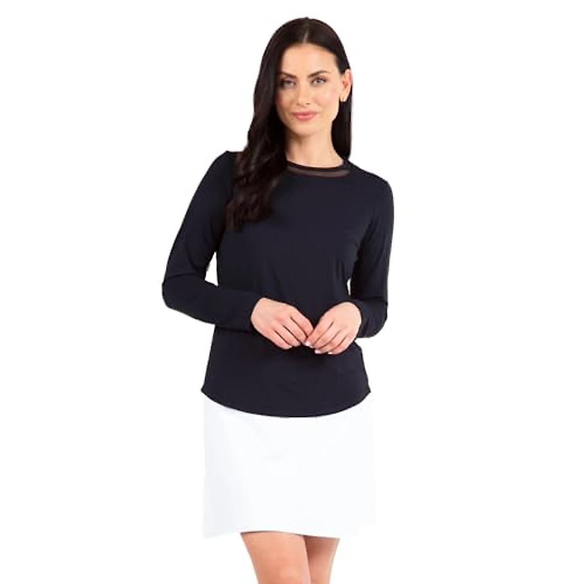 IBKUL Athleisure Wear Sun Protective UPF 50 Icefil Cooling Tech Long Sleeve Crew Neck Top with Under Arm Mesh – 83000 Black Solid S