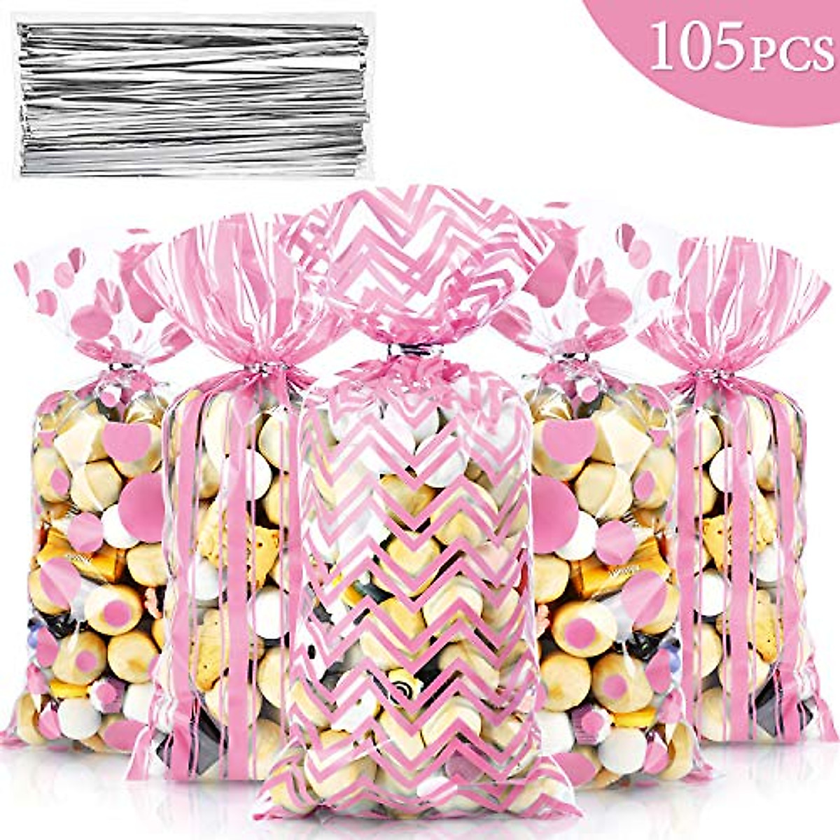 105 PCS Baby Shower Cellophane Treat Bags, Gender Reveal Candy Bag Polka Dot Stripes Printed Plastic Goodie Favor Bags with 100 Silver Twist Ties for Christmas Birthday Party Decor(Light Pink)