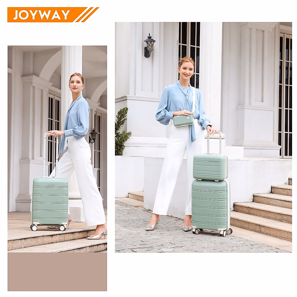 Joyway Luggage Carry On 20inch Lightweight Polypropylene Carrying Case with TSA Lock, Rigid Suitcases Sets with Swivel Wheels,14inch Cosmetic Bag and 7inch Toiletry Matcha Green