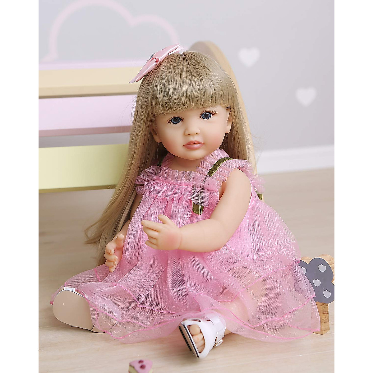 RXDOLL Reborn Baby Dolls Full Body Silicone Vinyl Girl 22 inch 55 cm Realistic Lifelike Toddlers Newborn Baby Doll Waterproof with Blond Long Hair Pink Dress for Girls Birthday