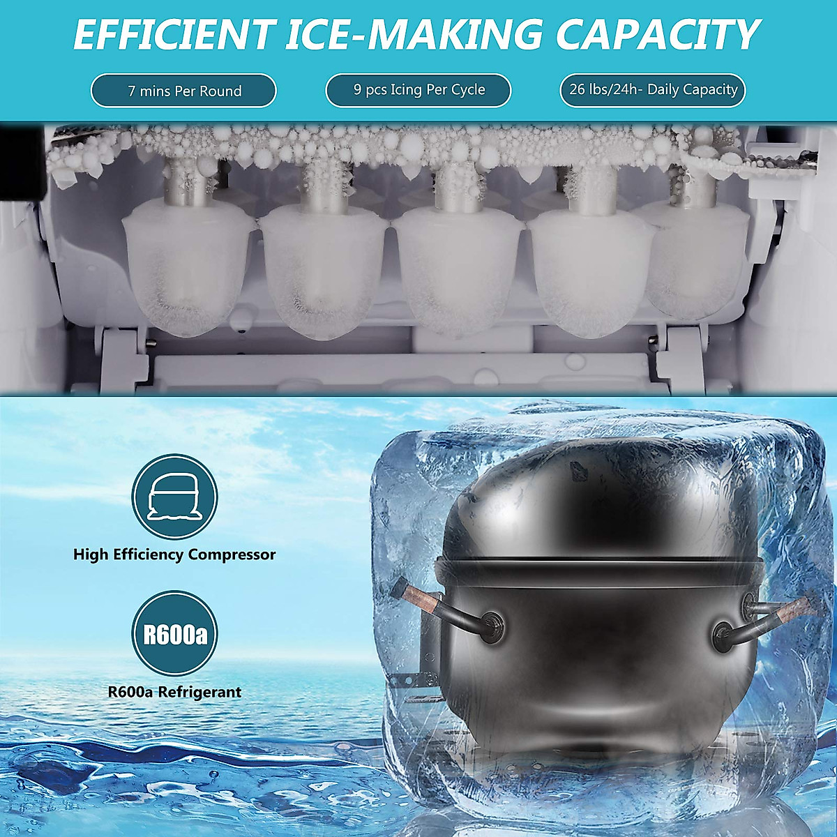 COSTWAY Countertop Ice Maker, 26LBS/24H Portable Electric Ice Machine, 9 Bullet Ice / 7 Mins, Intelligent Alarm System, with Ice Scoop and Basket, for Homes, Offices, Restaurants, Bars (Silver)