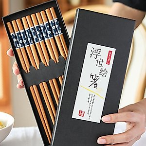 5 Pairs Natural Bamboo Reusable Chopsticks with Gift Box, Non-slip Chopstick Gift Set for Sushi Rice Noodles, Chinese Japanese Tableware, 8.86 Inches/22.5cm, Blue Magnolia
