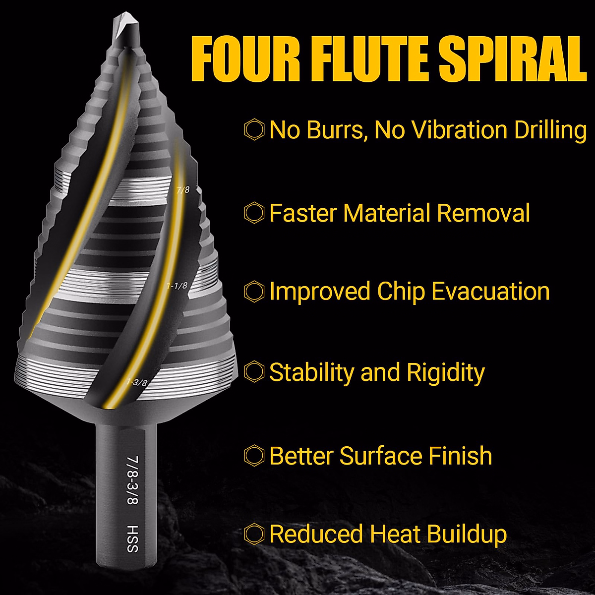 KAKILFOB Four Spiral Flute Step Drill Bit Set, 5 Pieces 1/8"-1-3/8" HSS Unibit Step Drill Bit, 1/4" and 3/8" Shank Step Bits for Metal, Aluminum, Wood, Plastic
