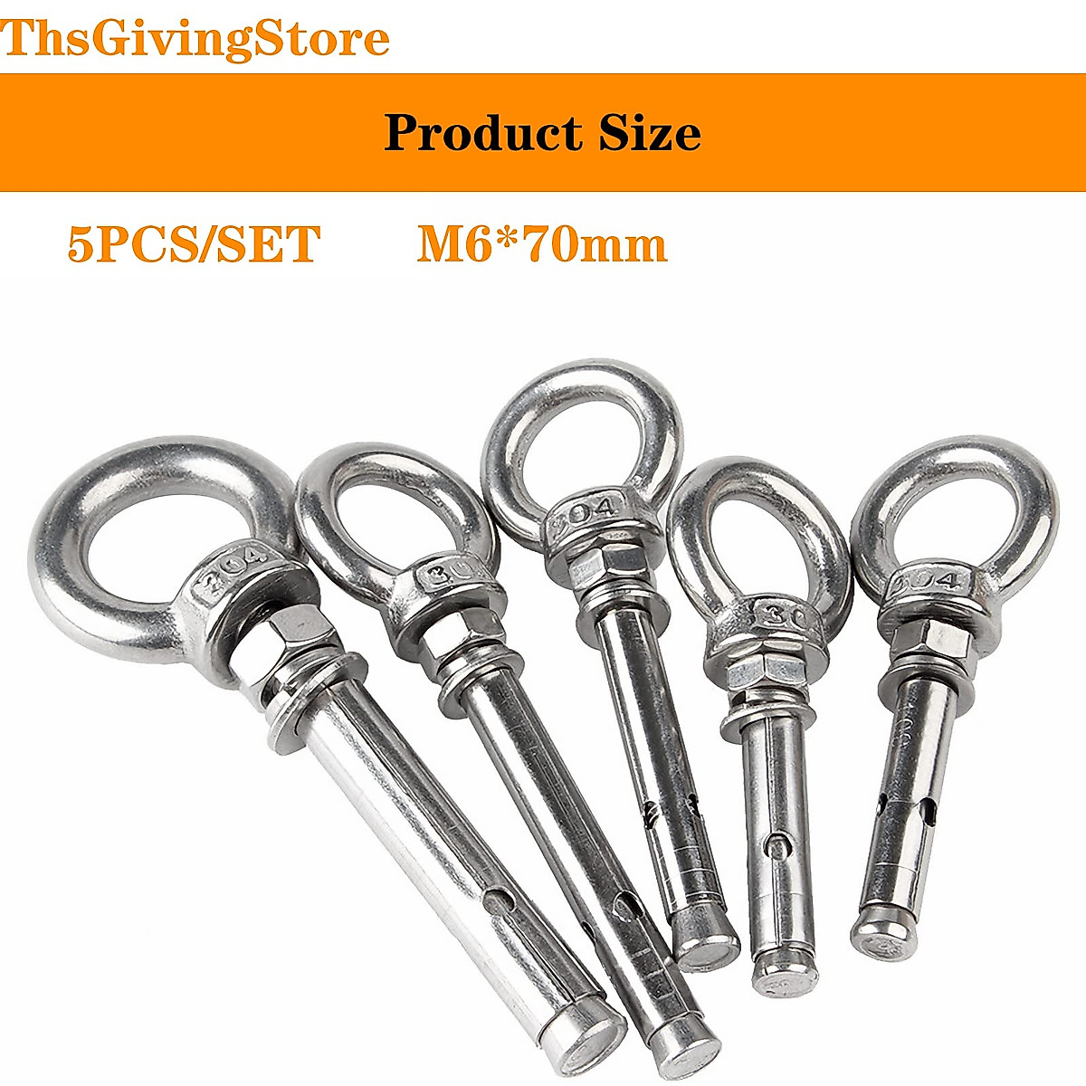 5PCS Eyebolt Bolt, M6x70 Concrete Eye Expansion Bolt, 304 Stainless Steel Heavy Duty Anchor FastenerRing Screw Eyes for Ceiling Concrete Masonry