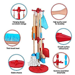AOKESI Wooden Detachable Kids Cleaning Toy Set - Broom, Mop, Duster, Dustpan, Brush, Rag and Hanging Stand Play, Multicolor Housekeeping Kit, STEM Really Clean Toys Gift for Girls & Boys