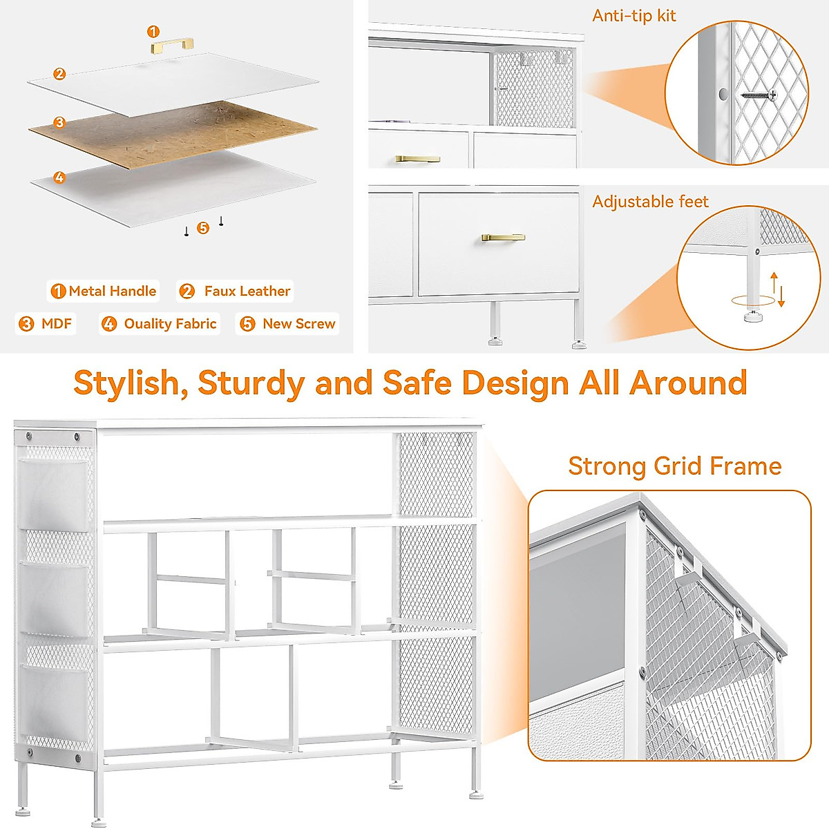 YILQQPER White Dresser for Bedroom Dresser, TV Stand with 6 Drawers, Bedroom Dresser with Power Outlets and LED Light, Fabric Dressers & Chests of Drawers with Shelves, Side Pockets & Hooks for 45" TV