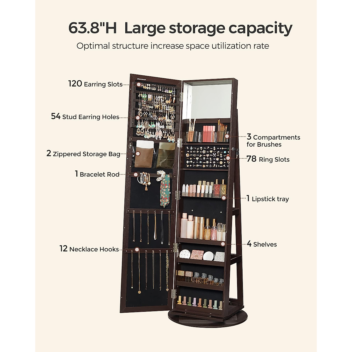 SONGMICS 360° Swivel Jewelry Cabinet, Lockable Jewelry Organizer with Full-Length Mirror, Rear Storage Shelves, Interior Mirror, Jewelry Armoire, Gift Idea, Brown UJJC006R01