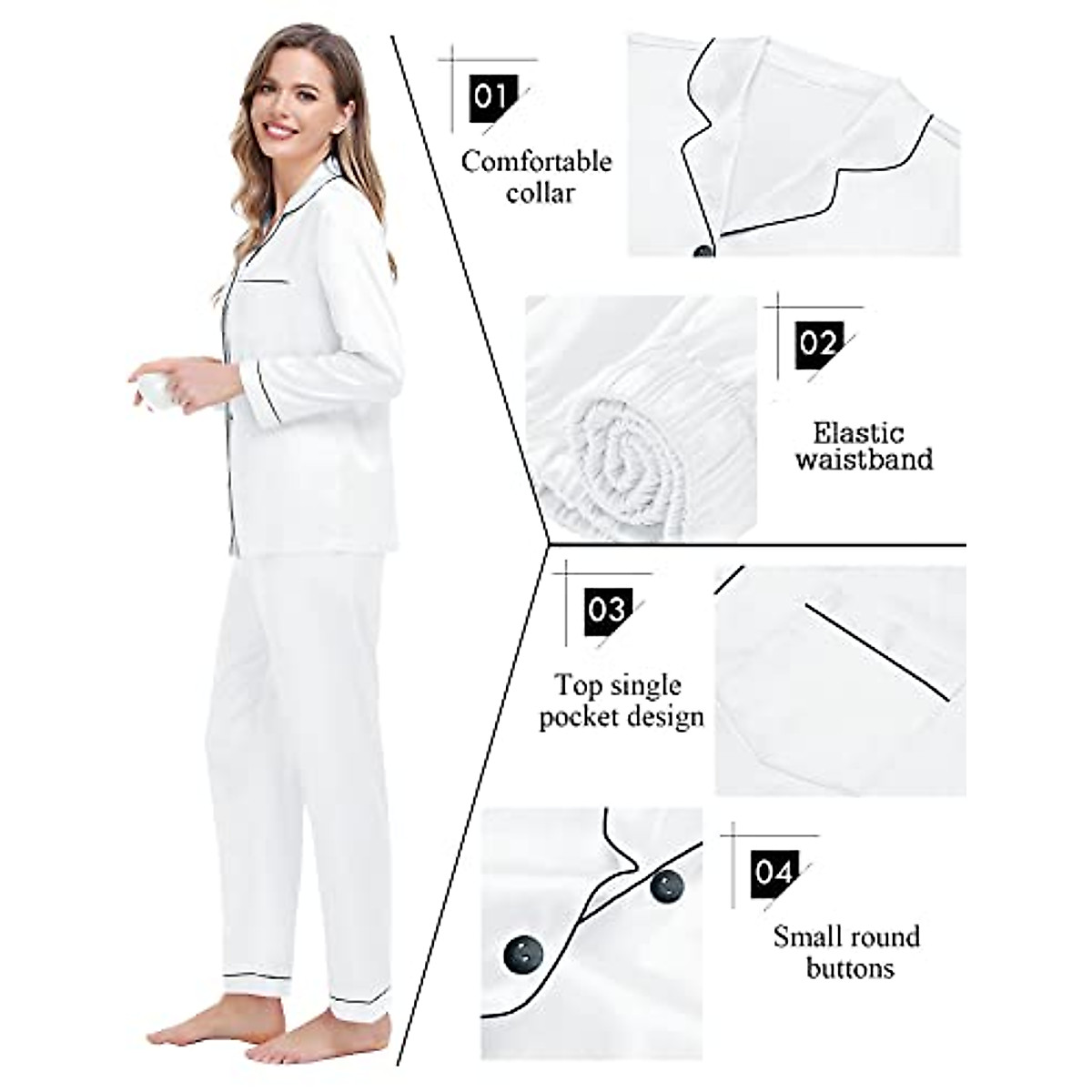 SWOMOG Women Silk Satin Pajamas Set Long Sleeve Ladies Satin PJ Sets Button Down Pajama Sleepwear Loungewear White