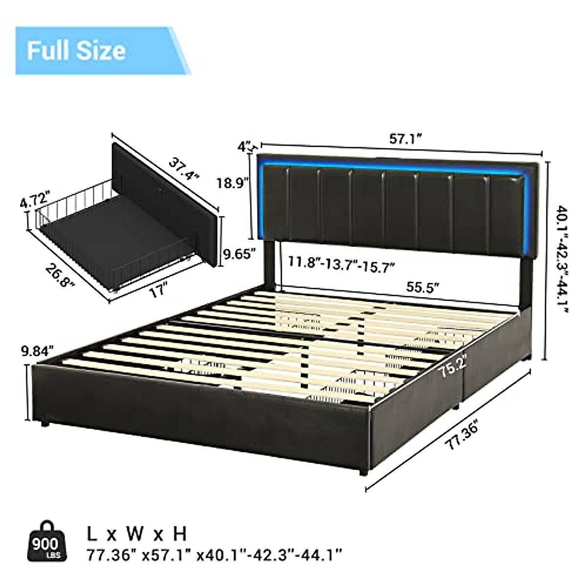 DICTAC Full LED Bed Frame with 4 Storage Drawers and Headboard Modern Full Size Upholstered Platform Bed Frame with Led Lights and USB Ports Faux Leather Full Storage Bed,No Box Spring Needed,Black
