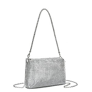 YIKOEE Crystal Rhinestone Clutch Purses for Women Evening Bag with Chain (Silver)