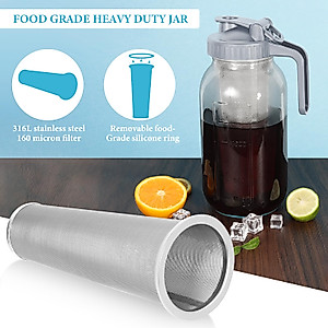 Enrimyee Cold Brew Coffee Maker, Mason Jar Pitcher, Heavy Duty Soda Lime Glass w/Stainless Steel Mesh Filter & Flip Cap Lid for Iced Coffee, Ice Lemonade, Fruit Drinks, Sun Tea - 64 oz