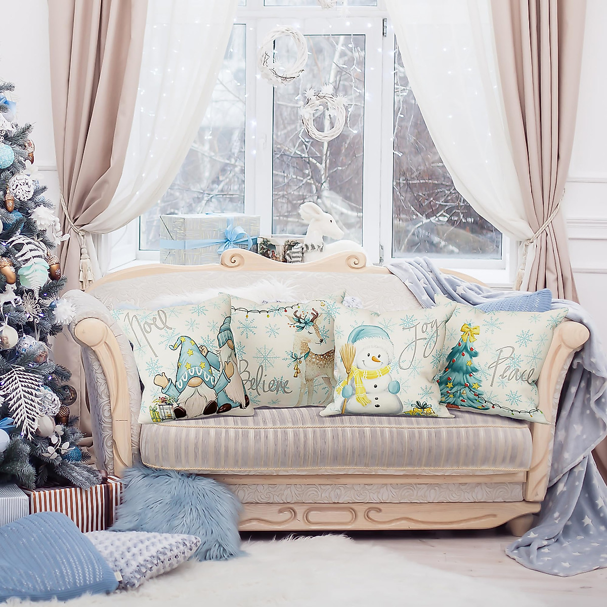 LITIVY Christmas Pillow Covers 18x18 Set of 4 for Xmas Decorative Pillowcase Winter Holiday Throw Cushion Case for Sofa Couch Home Farmhouse Decor (Christmas Tree Snowman Gnome Deer) (18"x18", Blue)