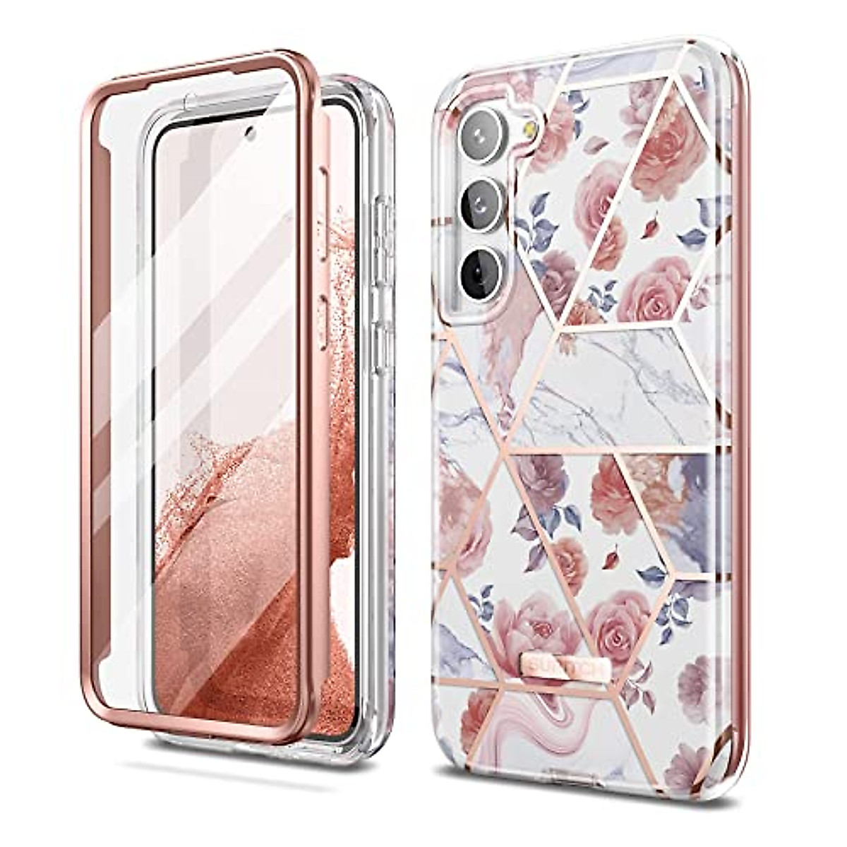 SURITCH for Samsung Galaxy S23 Plus Case, [Built-in Screen Protector] [Dual-Layer Protection ] Full Protection Shockproof Rugged Bumper Phone Cover for Samsung S23 Plus 6.6 Inch - Rose Marble
