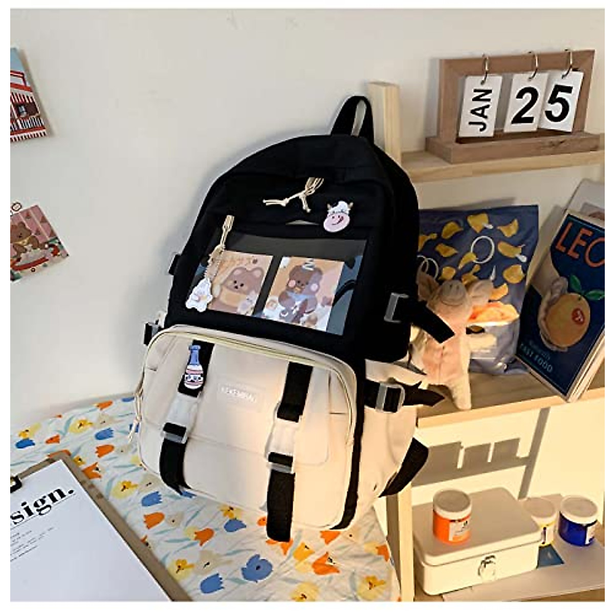 DACHAIHU Kawaii Backpack Aesthetic School Bags 17in Cute Bookbag with Badge&Cute Pendant,Large Capacity Kawaii Backpacks for School Black1
