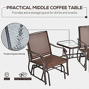 Outsunny Outdoor Glider Chairs with Coffee Table, Patio 2-Seat Rocking Chair Swing Loveseat with Breathable Sling for Backyard, Garden, and Porch, Brown